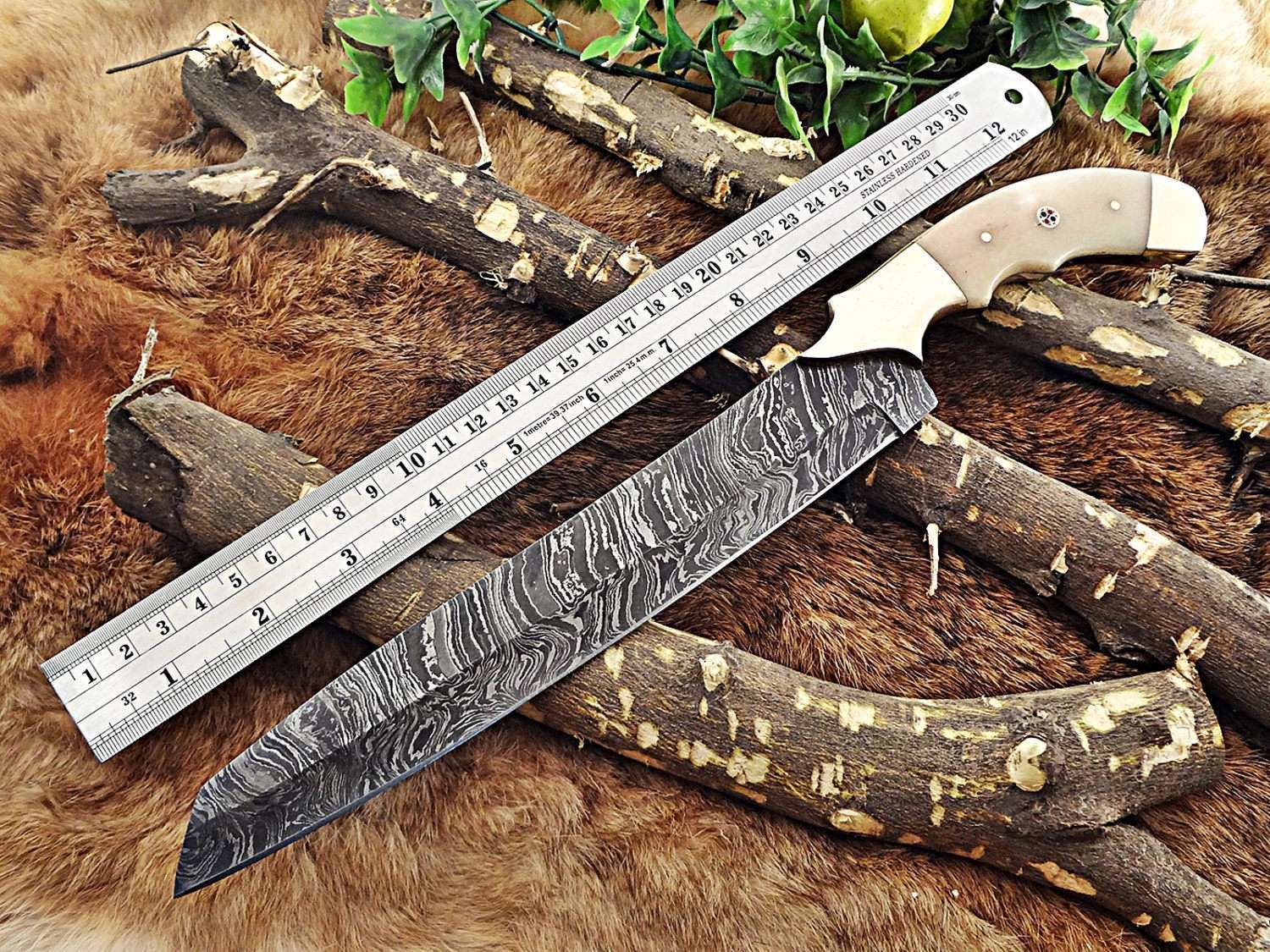 13 Inches long custom made Damascus steel full tang 9" blade kitchen ...